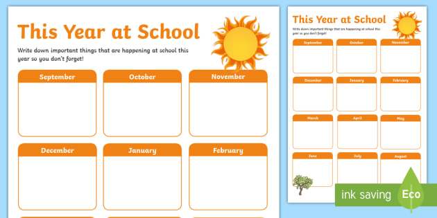 September Start Academic Year to a Page Calendar