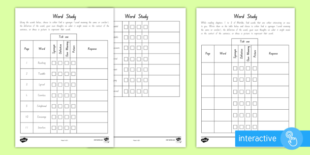Word Study to Support Teaching of Matilda Chapters 1 to 3 Differentiated Go