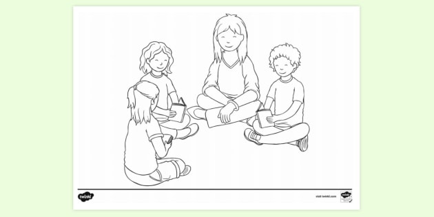 Children Reading Book With Teacher | Colouring Sheets