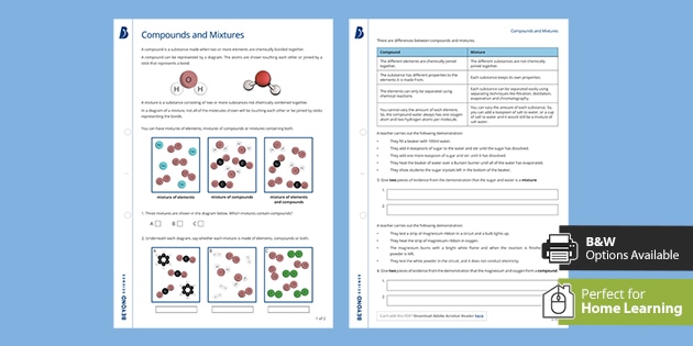 Compounds and Mixtures Worksheet | Home Learning | Beyond