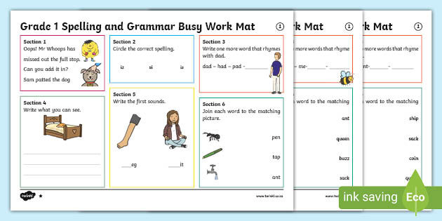 Grade 1 Spelling and Grammar Busy Work Mats Pack