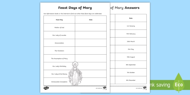 Feast Days of Mary Worksheet / Worksheet (teacher made)