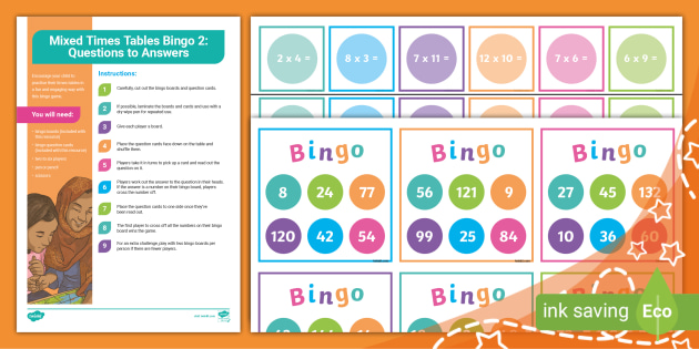 Mixed Times Tables Bingo KS2: Questions to Answers