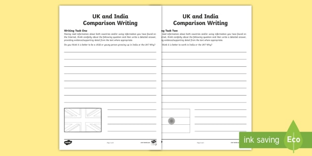 UK and India Comparison Writing Task Worksheets