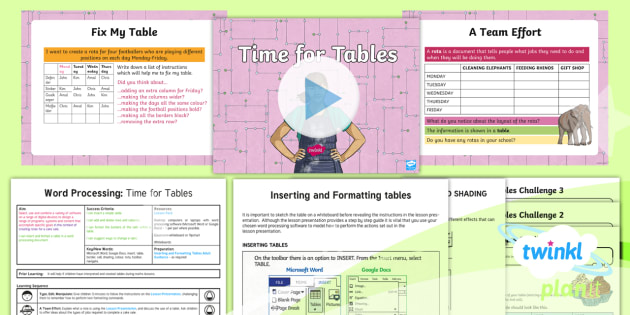 Computing: Word Processing: Time for Tables Year 4 Lesson Pack 4