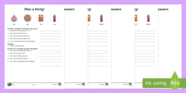 Plan a Party Differentiated Money Worksheet / Worksheets