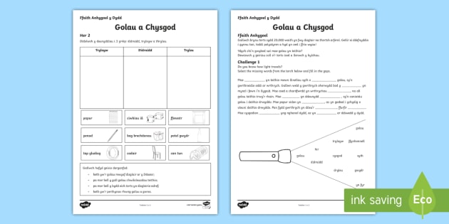 Taflen Weithgaredd Golau a Chysgod (teacher made)