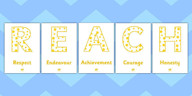 REACH Respect Endeavour Achievement Courage Honesty Lettering