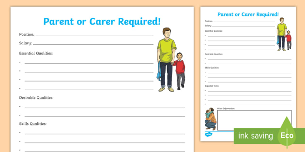 Job Advertisement for a Parent/Carer Worksheet / Worksheet