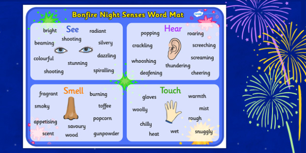 Bonfire Night Senses Word Mat - bonfire night, bonfire night