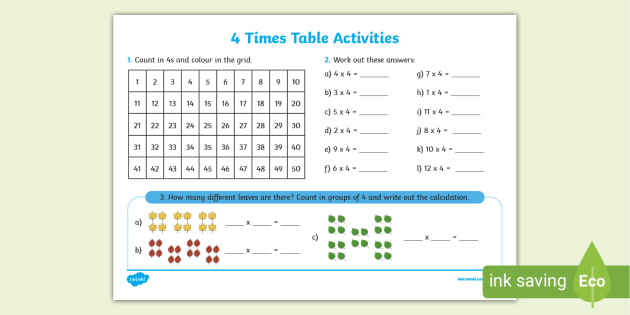Printable Four Times Table Worksheet Primary