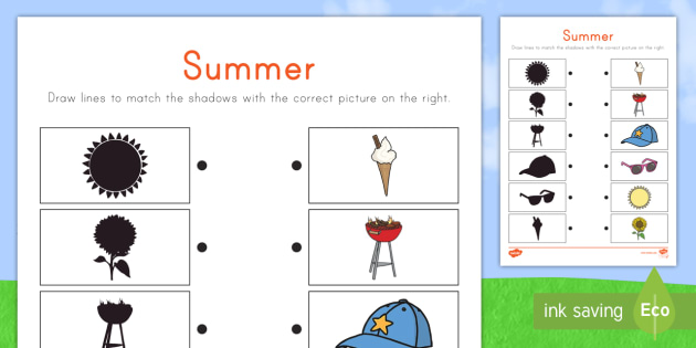 Summer Shadow Match Worksheet / Worksheet - worksheet, pairs, shapes
