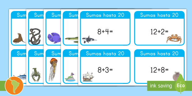 Sumas hasta 20 Bajo el mar Tarjetas educativas