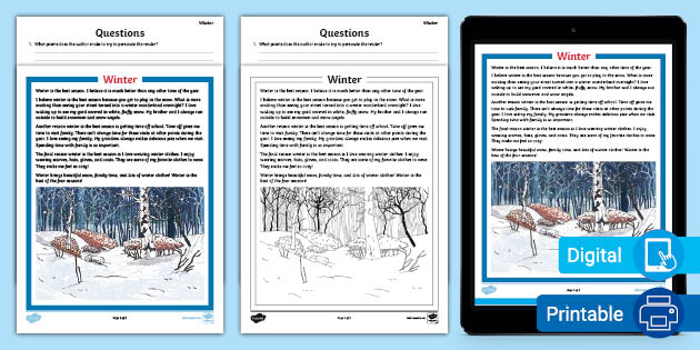 Fourth Grade Winter Persuasive Writing Response Activity