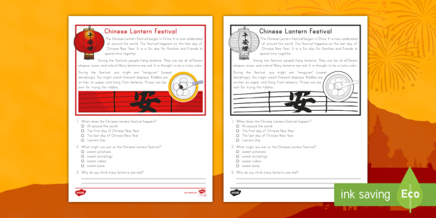 Second Grade Chinese Lantern Festival Reading Passage Comprehension ...