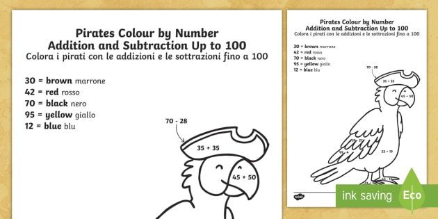 Pirates Colour by Number Addition and Subtraction Up to 100 English/Italian