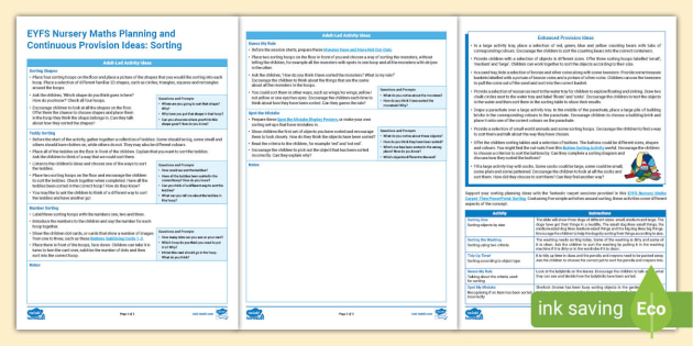 Nursery Maths Planning & Continuous Provision: Sorting