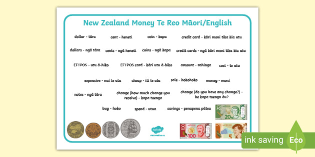 New Zealand Money Te Reo Māori/English Word Mat