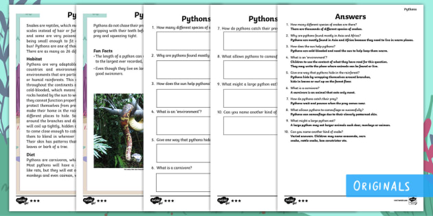 Year 2 Pythons Differentiated Comprehension Go Respond Worksheet / Worksheets
