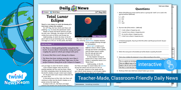 Daily NewsRoom Article - Total Lunar Eclipse (ages 9-11)