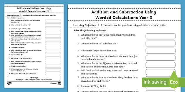 Addition and Subtraction Using Worded Calculations Year 3