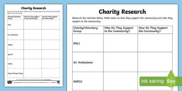 KS2 Charity Research Activity Sheet - PSHE and Citizenship