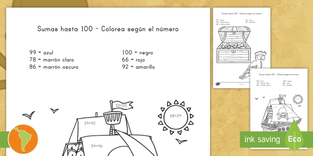 Colorea con números: Sumas hasta 100 de los piratas