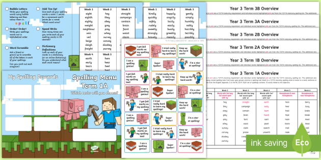 Year 3 Block Adventurer Themed Spelling Menu Pack