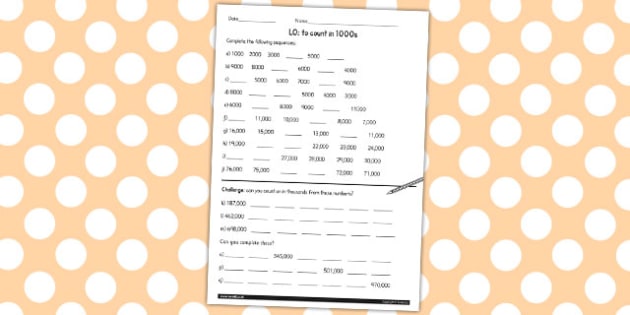 Counting in 1000 Worksheet - counting, 1000, worksheet, sheet