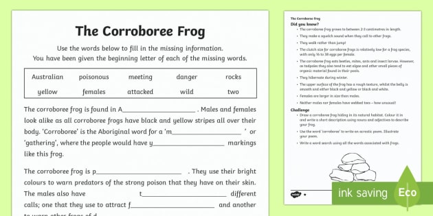The Corroboree Frog Differentiated Worksheet / Worksheets