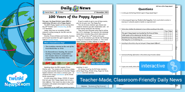 News Story for Children 9-11:100 Years of the Poppy Appeal