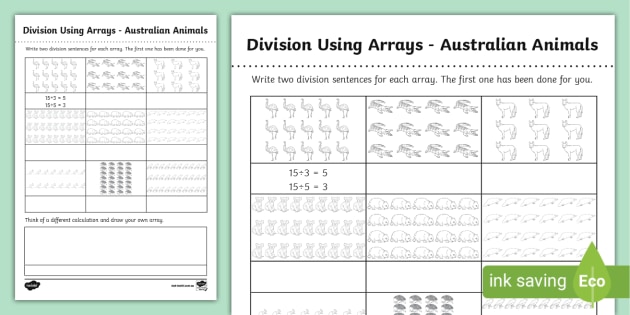 Division Using Arrays Australian Animals Worksheet