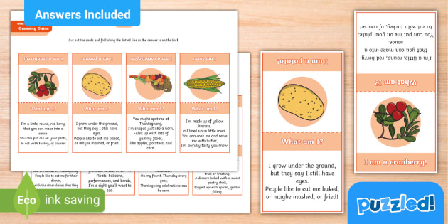 Thanksgiving What Am I? Guessing Game Puzzle Cards - Twinkl
