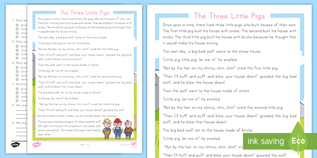 Second Grade The Three Little Pigs Reading Comprehension Activity