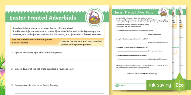 KS2 Easter Fronted Adverbials Worksheets (teacher made)