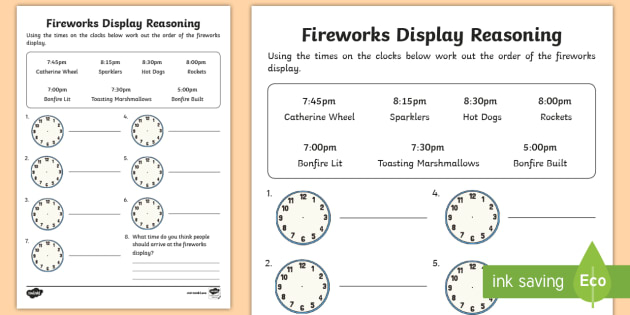 Fireworks Display Reasoning Worksheet / Worksheet