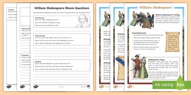 William Shakespeare Second Level Bloom Reading Activity
