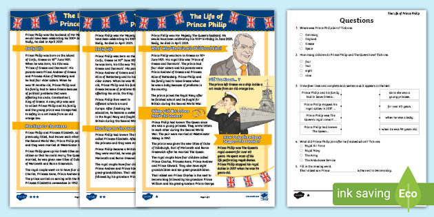 LKS2 The Life of Prince Philip Reading Comprehension