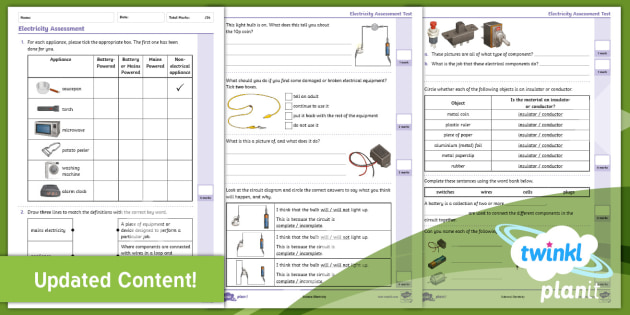 Science: Electricity: Year 4 Assessment Test (teacher made)