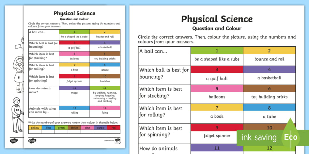 Foundation Year Physical Science Questions and Colouring Worksheet