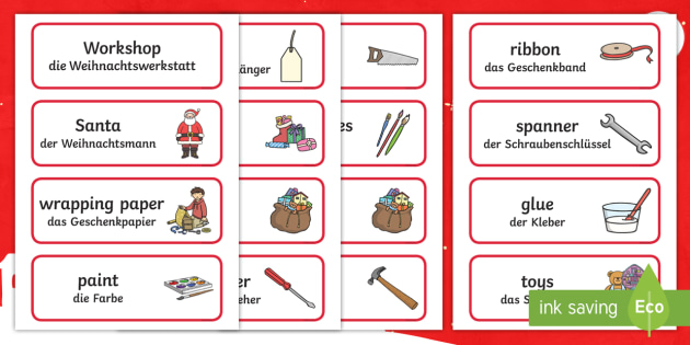 Santa's Workshop Role Play Word Cards English/German