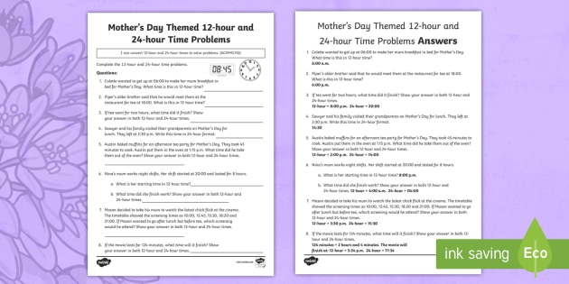 Mother\'s Day Themed 12-hour and 24-hour Time Problems Worksheet ...