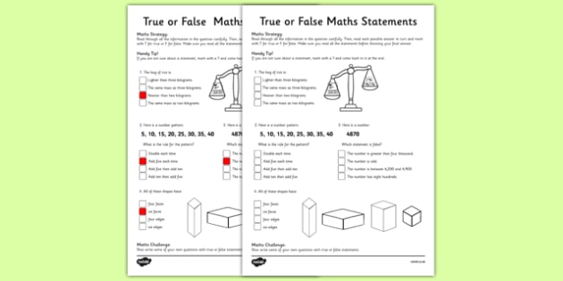 Year 3 True or False Maths Worksheet / Worksheet