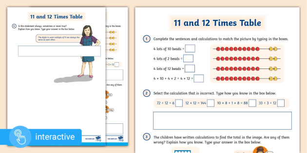 11 and 12 Times Table Interactive Activity - Math Resources