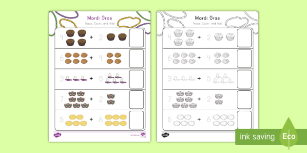 Mardi Gras Trace, Count, and Add Activity (teacher made)
