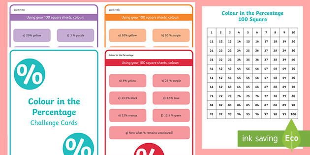 Colour in the Percentage Maths Challenge Cards and 100 Square