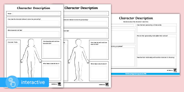 Interactive PDF Character Description Worksheets Pack