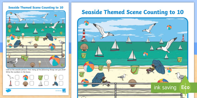 Seaside Themed Scene Counting to 10 Worksheet (teacher made)