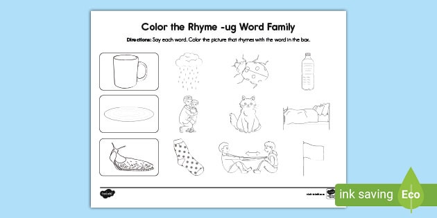 Color the Rhyme -ug Word Family Activity