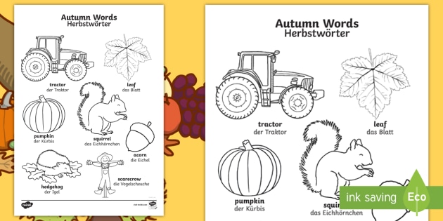 Autumn Themed Words Colouring Worksheet / Worksheet English/German
